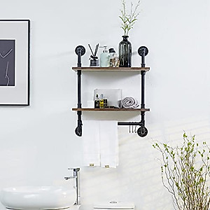 Pipe Floating Shelves, Industrial Pipe Shelves 2 Tier Wall Shelf Wall Mounted Bookcase, Metal Bracket with Rustic Wood Planks for Farmhouse, Laundry Room, Bathroom, Kitchen, Living Room - 30 Inch
