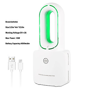 Bladeless Desk Fan Rechargeable, Small Bladeless Personal Fan Quiet Mini Table Fan, 12''Small Fan for Bedroom and Office, USB or 4000mAh Battery Operated, with Touch Control 6-Colors LED Light