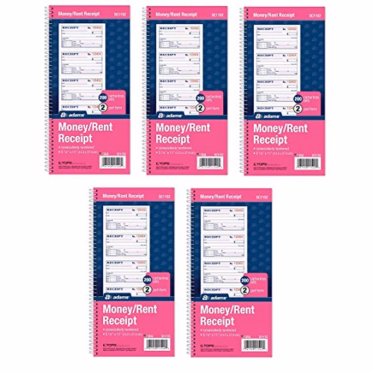 Adams Money and Rent Receipt Book, 2-Part Carbonless, 5-1/4" x 11", Spiral Bound, 200 Sets per Book, 4 Receipts per Page, Sold as 5 Pack, 1000 Sets Total (SC1152)