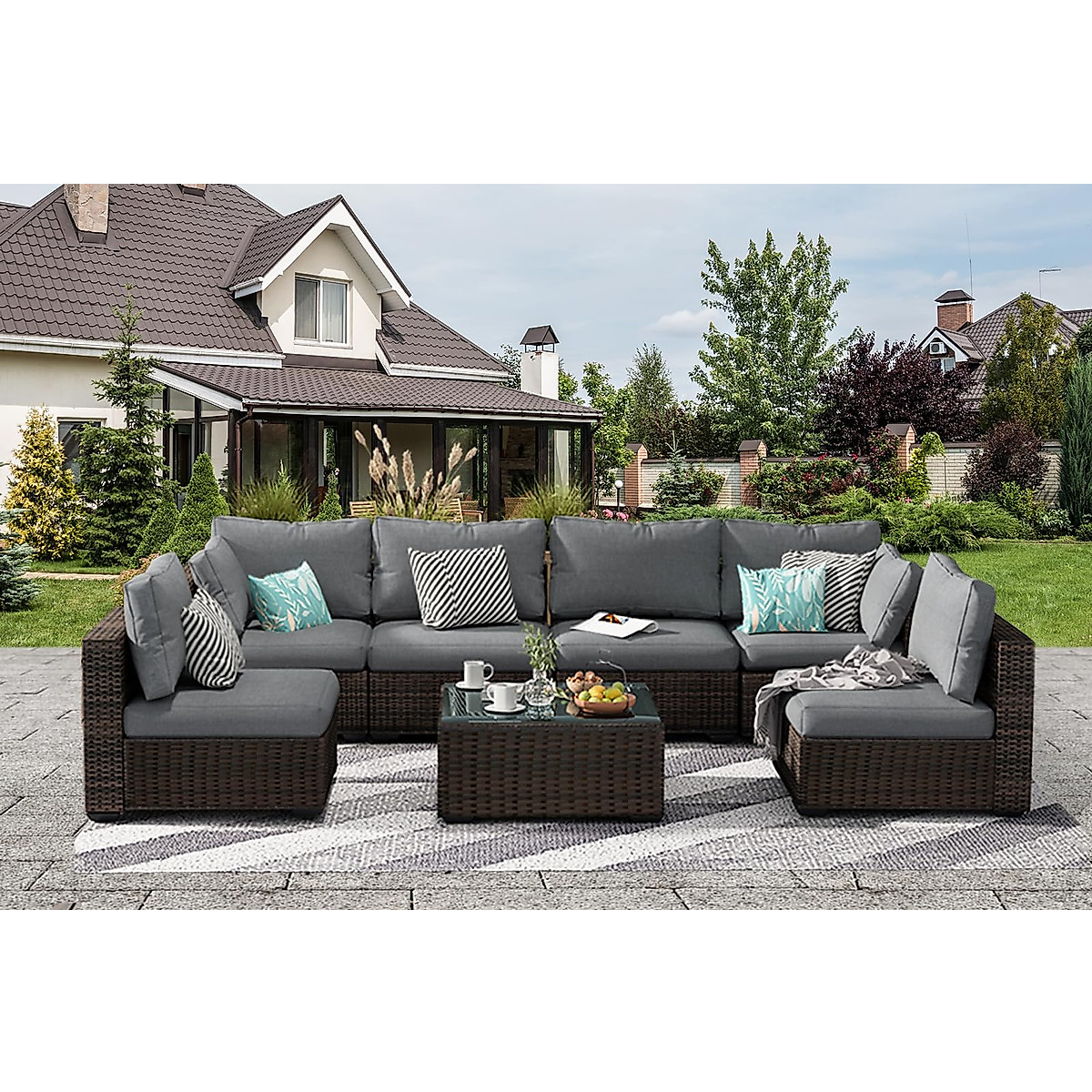 Grezone Patio Furniture Set 7 Piece Outdoor Wicker Sectional Sofa - All Weather High Backrest PE Rattan Couch Conversation Set with Cushion & Glass Top Table for Backyard Deck Porch, (grey)