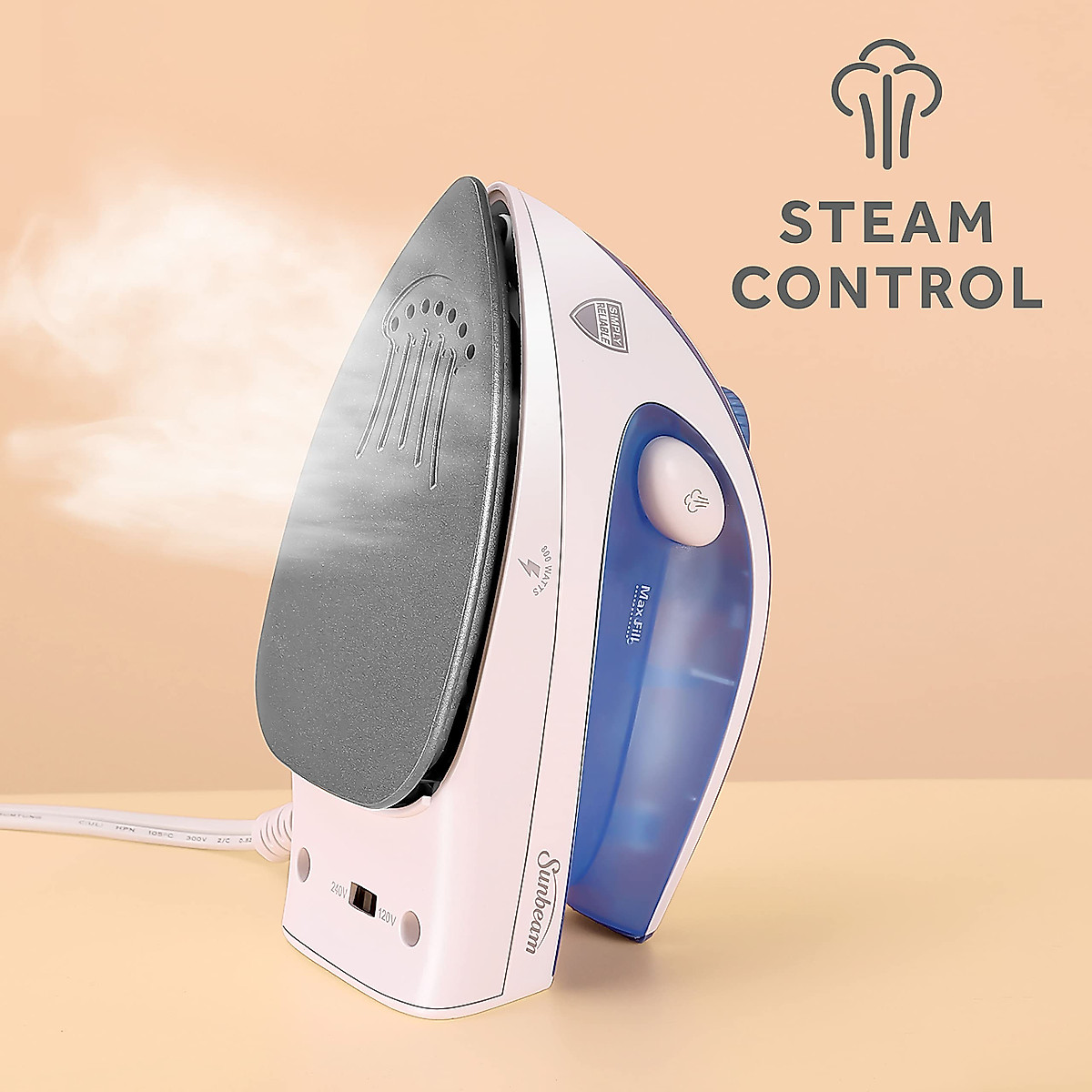 Sunbeam Hot-2-Trot Travel Steam Iron, 800 Watt Dual Voltage 120/240, Compact Size, Portable, Non-Stick Soleplate, Soft Touch Handle, Horizontal or Vertical Use, White and Blue