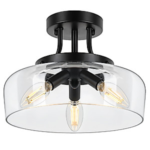 Modern Industrial Semi Flush Mount Ceiling Light with Clear Glass Shade, 3-Bulb Black Ceiling Light Fixture for Kitchen Bedroom Living Room Porch Hallway Entryway, E12 Socket, Bulbs Not Included