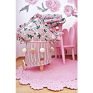 WIKLIBOX Rattan Pully Toy Basket - Handcrafted European Wicker Luggy Toy Storage - Natural, Durable & Stylish Organizer - Perfect for Kids' Rooms, Nurseries & Playrooms | Pink with Pom Poms