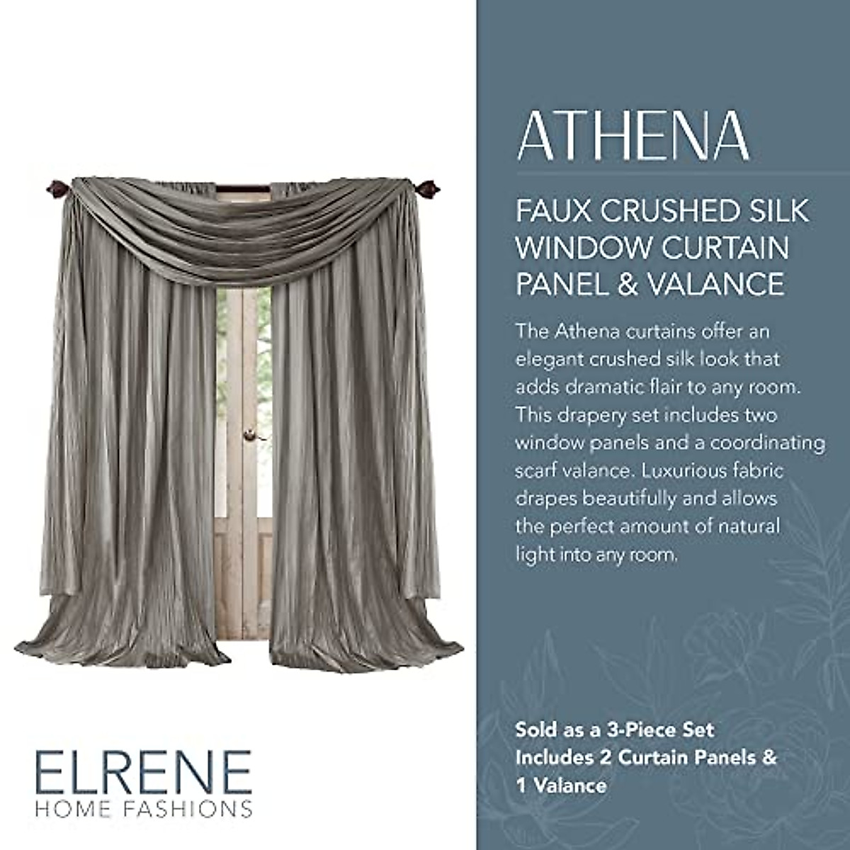 Elrene Home Fashions Athena Faux Crushed-Silk Window Curtain Panel and Valance Set, 52"x95" (2 Panels) & 1 Valance, Sterling
