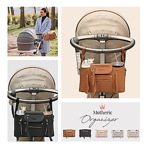 motheric Brown Leather Universal Stroller Organizer Shoulder bag with insulated cup holder, Shoulder strap - Parent console Caddy with strollercup holder