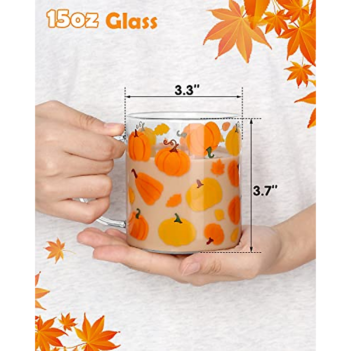 Pumpkin Glass Mug 15 Oz, Clear Fall Cup With Handle, Large Espresso Iced Coffee Glass, Hot Beverage Cappuccino Tea Drinking Glassware, Autumn Decor for Coffee Bar, Thanksgiving Gift for Pumkin Lover