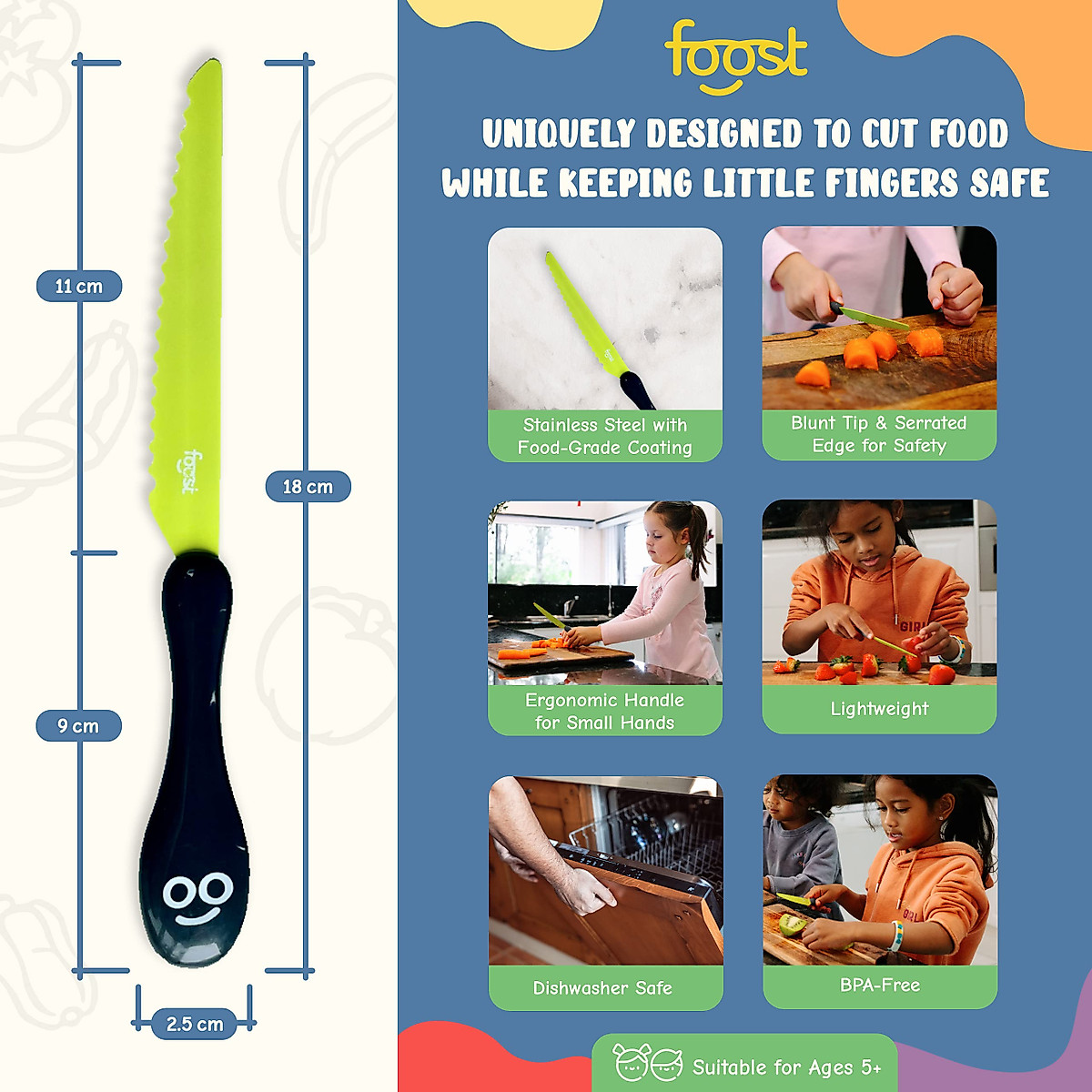 Foost Kids Knife - Kitchen Safe Kids Knife for Real Cooking & Cutting Vegetables & Food - Next Knife for Kids Aged 5+ with Stainless Steel Coat, Longer Serrated Blade, Blunt Tip, & Easy Grip Handle