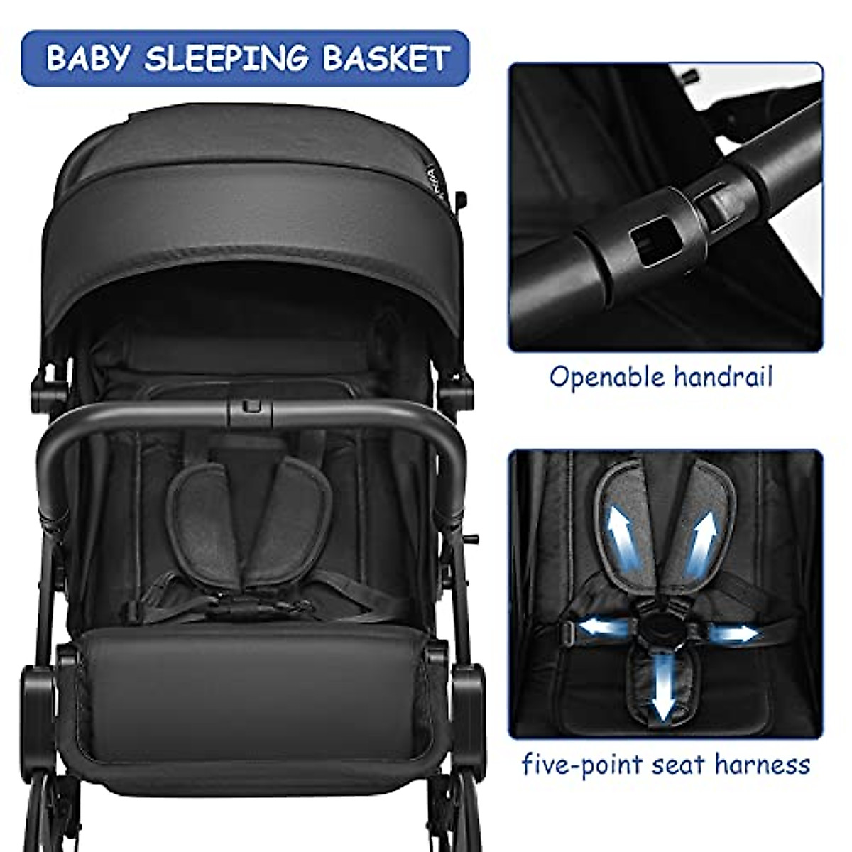BABY JOY Lightweight Baby Stroller, Infant Stroller w/Easy One-Hand Fold, Adjustable Backrest/Footrest/Canopy, 5-Point Harness & Storage Basket, Compact Toddler Travel Stroller for Airplane (Black)