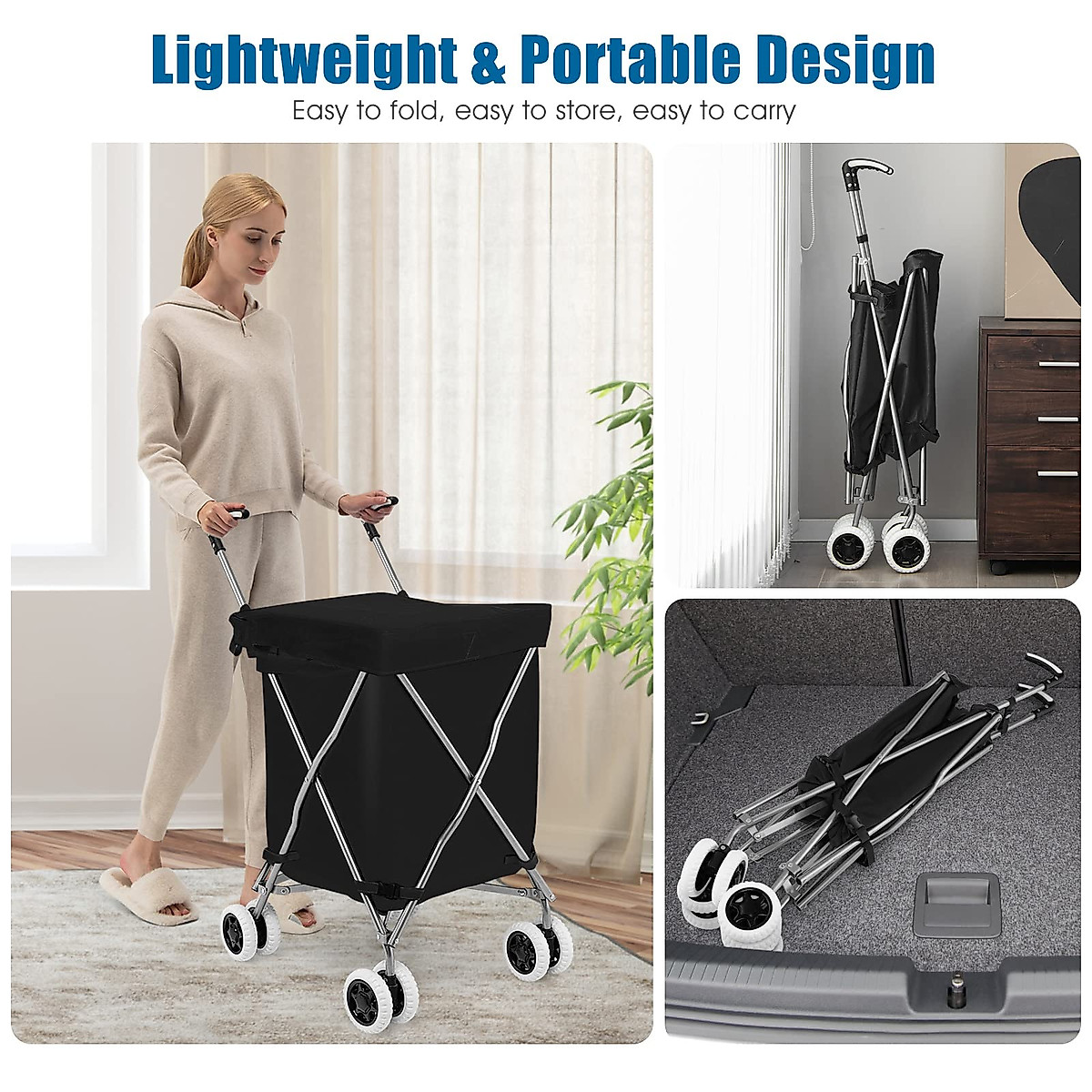 GOFLAME Folding Shopping Cart, Large Grocery Cart with Wheels and Removable Fabric Cover, Lightweight and Sturdy Rolling Utility Cart for Groceries Laundry Shopping Picnic (Black)