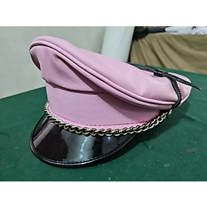 Real Leather Pink Leather Biker Peaked Muir Army Police Gay Chain Cap Party Hat, 7 1/4