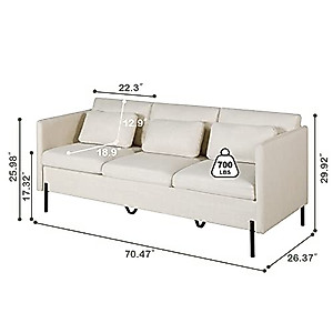 LINLUX 70'' Modern Upholstered Sofa Couch 3 Seater Couches for Living Room Sectional Sofas w/3 Pillows and Iron Legs, Linen Fabric Couch for Small Spaces,Bedroom,Apartment,Dorm,Office,Light Beige