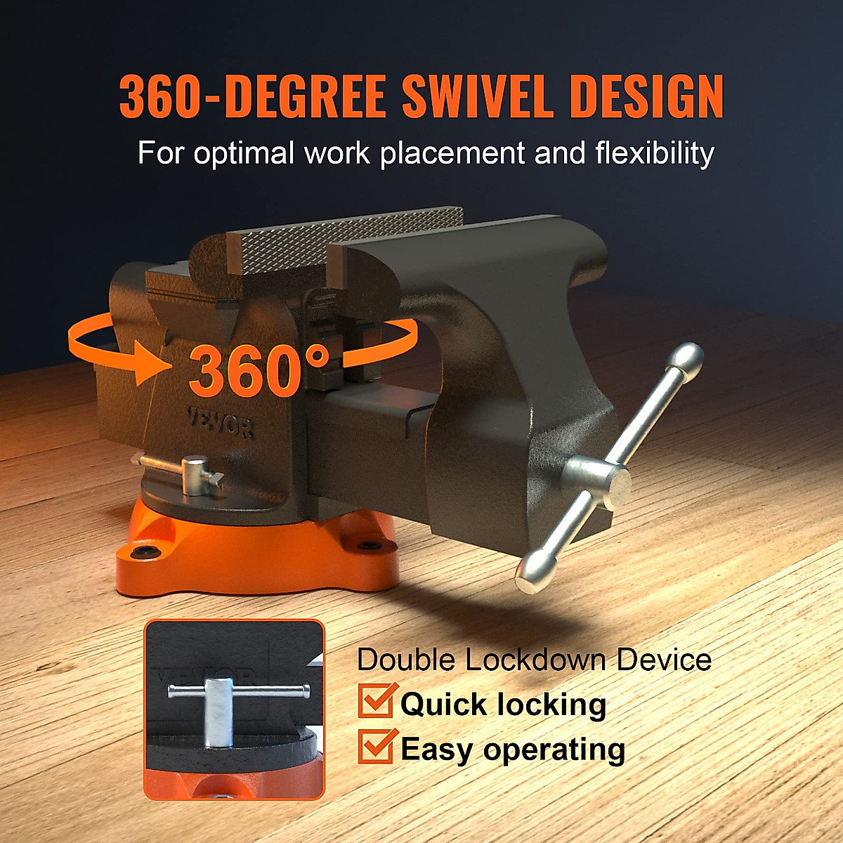 VEVOR Bench Vise, 6-inch Jaw Width 5.9-inch Jaw Opening, 360-Degree Swivel Locking Base Multipurpose Vise w/Anvil, Heavy Duty Ductile Iron Workbench Vise w/Bolts & Nuts, for Drilling, Pipe Cutting