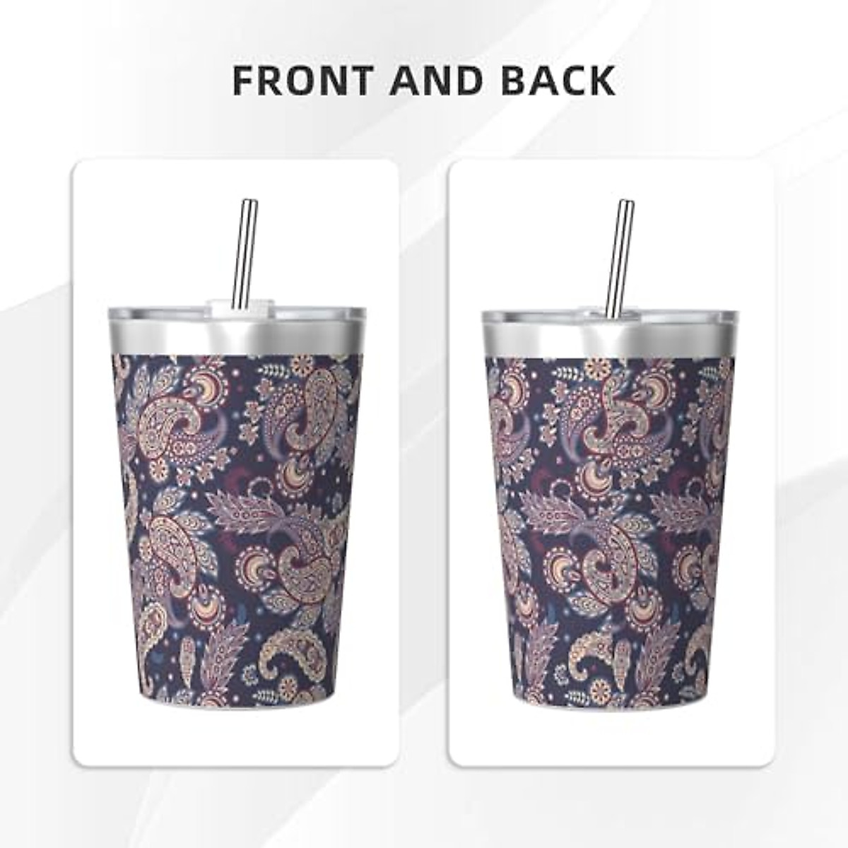 Paisley Floral Ethnic Pattern 12oz Tumbler - Travel Coffee Mug with Splash Proof Sliding Lid - Double Wall Stainless Steel Vacuum Insulated Coffee Mug for Home and Office - Keep Beverages Hot or Cold