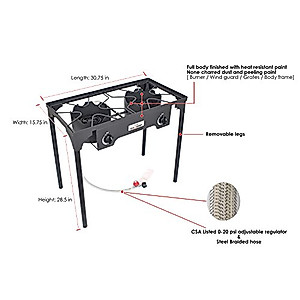 COOKAMP High Pressure Double Propane Burner Outdoor Camping Stove with 0-20 PSI Adjustable Regulator and Steel Braided Hose SA2500
