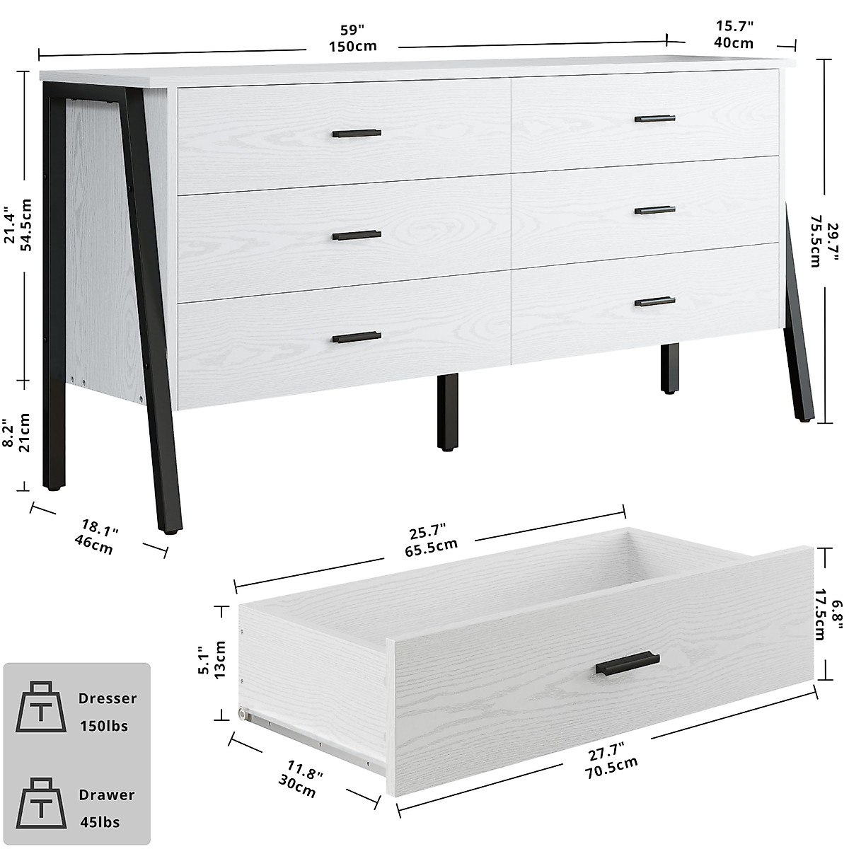 LIKIMIO 59" 6 Drawer Dresser for Bedroom, Wood Dressers & Chests of Drawers with Metal Frame, Large Storage Cabinet, Closet, Hallway, White Dresser