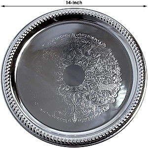 Maro Megastore (Pack of 4 14-Inch Traditional Round Floral Pattern Engraved Catering Chrome Plated Serving Tray Mirror Plate Silver Metal Platter Tableware Wedding Birthday (Extra Large) T139-14-4pk