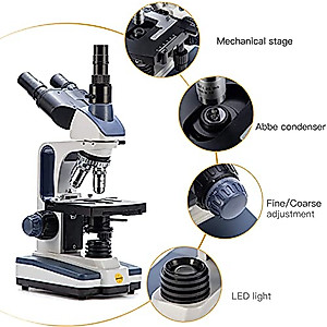 Swift SW 350T Compound Trinocular Microscope,40X-2500X Magnification,Two-Layer Mechanical Stage,with 5.0 mp Camera and Software Windows/Mac Compatible and 5 PCS Prepared Slides and 5 PCS Blank Slides