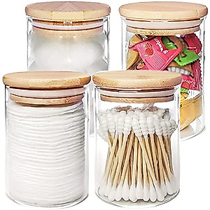 ZYIGYI 4 Pcs Glass Qtip Holder with Wood Lids, 10 oz Apothecary Jars Cotton Swabs Dispenser, Cotton Pads Canister for Bathroom Storage Organizer