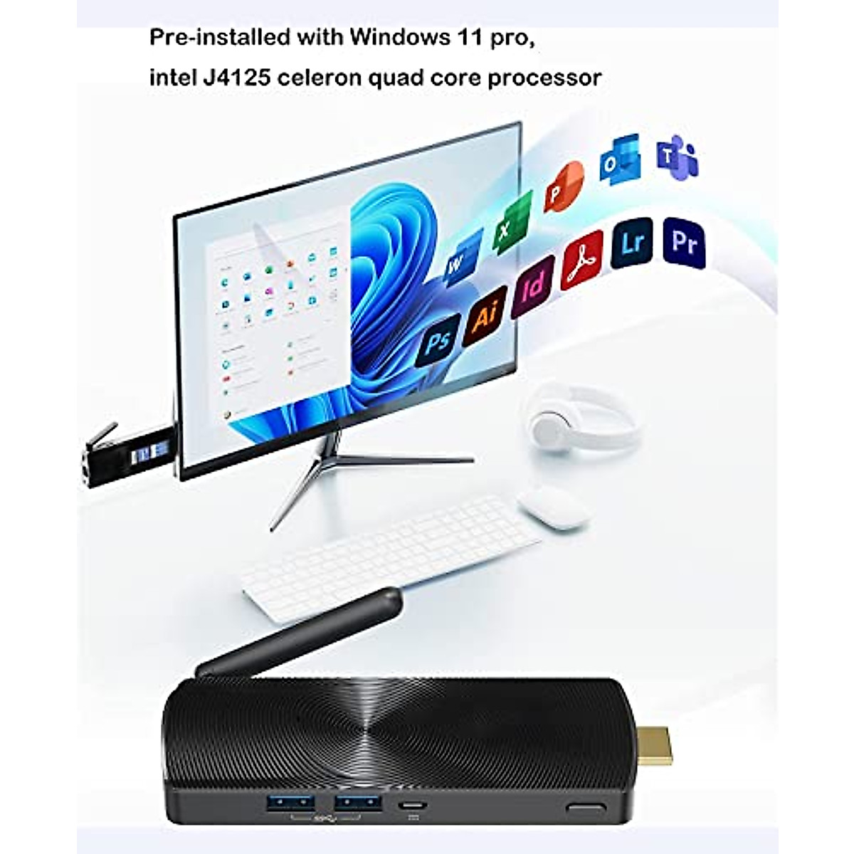 MeLE PCG02 Fanless Mini PC Stick Desktop Computer Windows 11 Pro J4125 8GB 128GB HDMI Compute Stick, Support PXE Unlocked Bios, Micro PC Auto Power on Industry IoT Media Business Office Linux