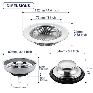 WINDALY 3 Pack of Kitchen Sink Strainer and Stopper, Sink Disposal Stopper and Basker Drain Filter Sieve, Stainless Steel and Anti-Clog, Fits Most Standard 3-1/2 Inch Kitchen Drains (L)