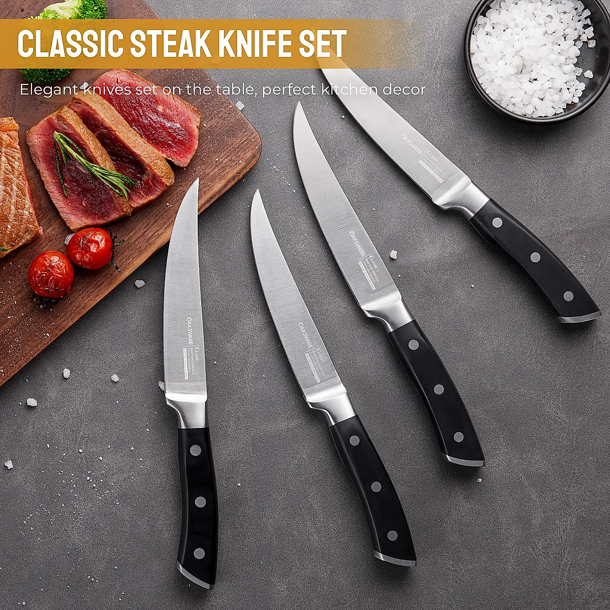 OAKSWARE Steak Knives Set of 4 and Kitchen Knives Set of 3