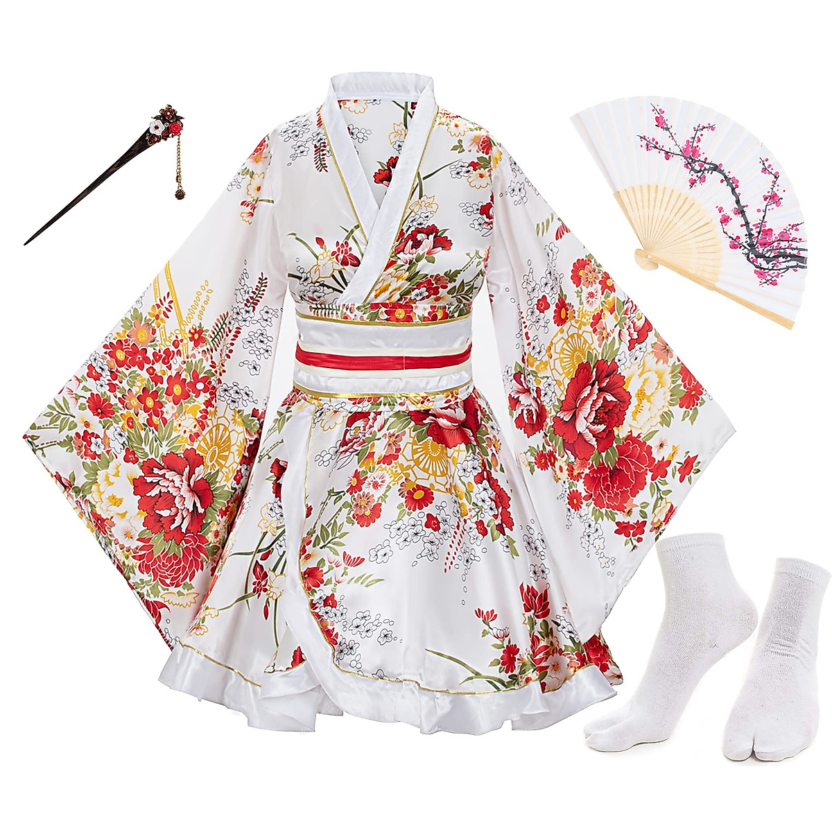 Japanese Anime Women's Dance Kimono Robe Fancy Dress Yukata Silk Folding Fans Tabi Hairstick Socks Set White Large