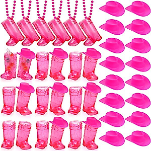 durony 72 Pieces Mini Cowgirl Boot Glasses on Beaded Necklace Mini Western Cowgirl Hat and Plastic Cowgirl Shot Glass Cup Hot Pink Bachelorette Glasses for Bachelorette Carnival Party Birthday Wedding