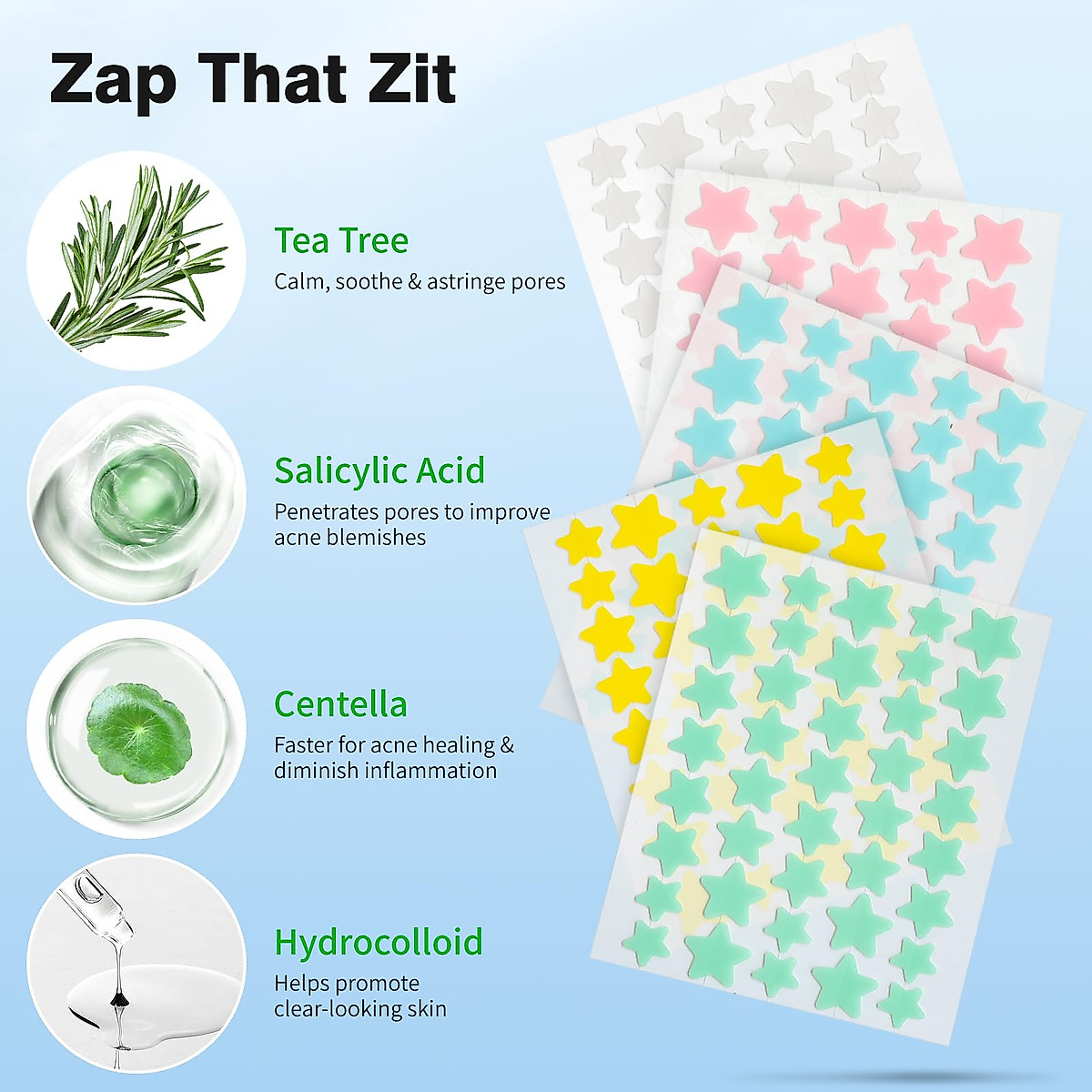 QUSTERE Pimple Patches for Face, Hydrocolloid Acne Patches, Cute Star Zit Covers, Colorful Spot Stickers with Tea Tree, Salicylic Acid & Cica Oil| 3 Sizes (10mm, 12mm & 14mm) |200 Count