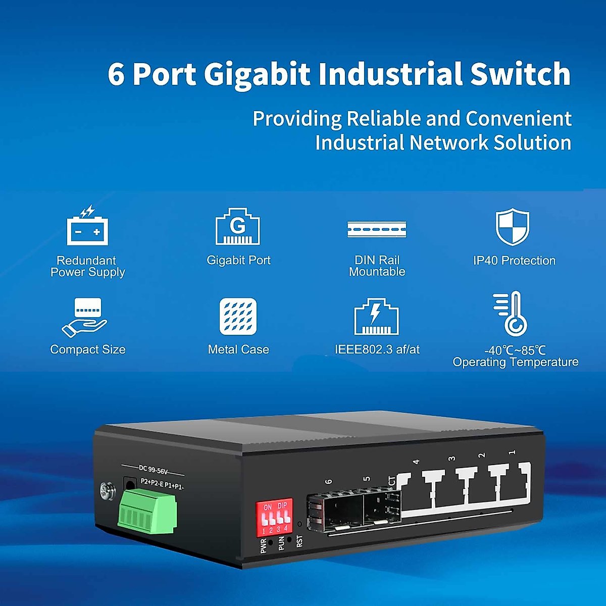4-Port Hardened Industrial Gigabit 2+ Managed DIN-Rail Switch, 4x10/100/1000 Base-TX +2x1000Base-FX SFP 6X, Network Ethernet Gigabit Not with PoE+ Switch
