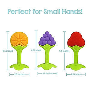 RaZbaby Infant & Baby Massager & Teether Toy 3-Pack, Fruit-Shaped Multi-Texture Teethers Soothe Sore Gums, Non-Toxic BPA-Free Food-Grade Silicone, Hands-Free & Easy to Hold, Safe to Freeze, 3M+