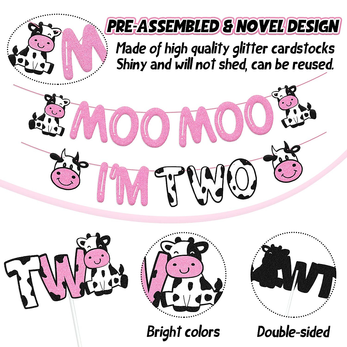 140 PCS Moo Moo Im Two Birthday Decorations Cow 2nd Birthday Banner Cow Two Cake Topper Balloon Sticker for Two Years Old Girl Boy Holy Cow Theme Party Supplies Glitter Pink Decoration