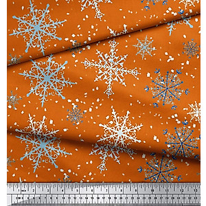 Soimoi Cotton Cambric Orange Fabric - by The Yard - 42 Inch Wide - Snow Flakes & Star - Winter Whimsy with Snow Flakes and Star Stripes Printed Fabric