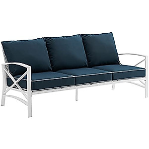 Crosley Furniture Kaplan Outdoor Sofa with Steel Frame, 3-Person Patio Couch for Porch, Deck, Backyard, White with Navy Cushions