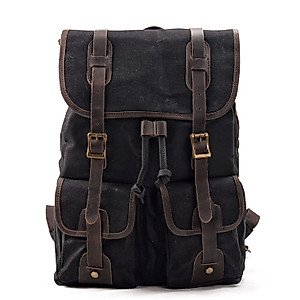 WUDON Canvas Leather Backpack for Men - Vintage Canvas Shoulder Rucksack for School Flight Hiking