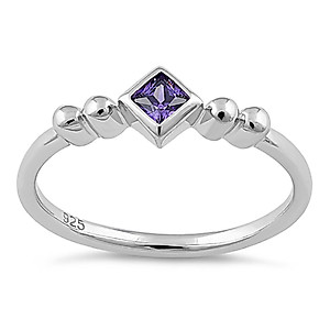 Heartbeat Sterling Silver Geometric Diagonal Polygon 8 Color Princess-Cut Collection Ring - (Size 3-11) (Amethyst CZ FEB.Birthstone, 7)