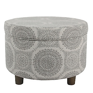 Homepop Home Decor | Upholstered Round Storage Ottoman | Ottoman with Storage for Living Room & Bedroom (Grey Medallion) 24.0 In. X 24.0 In. X 17.0 In.