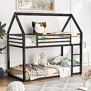 TARTOP Twin Over Twin House Bunk Bed with Built-in Ladder, Metal Low Bunk Bed for Kids Girls Boys,No Spring Box Needed,Black