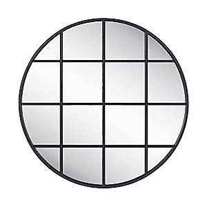 Decoccino Round Grid Wall Mirror,Circle Black Metal Frame Window Mirror 28 inches，Decorative Windowpane Round Wall Mirror for Entry, Living Room, Bedroom.