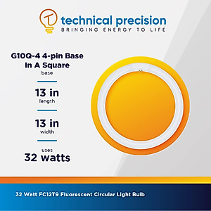 Technical Precision FC12T9 32W Circline Bulb Replacement for GE FC12T9/KB 12 Inch Fluorescent Circular Light Bulb with 4-Pin G10q-4 Base - 15000 Hours - 3000K Warm White - 1950 Lumens - CRI 52