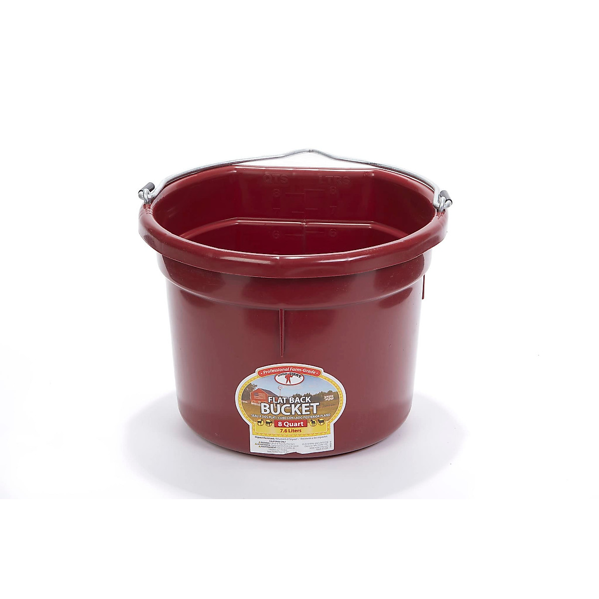 Little Giant® Flat Back Plastic Animal Feed Bucket | Animal Feed Bucket with Metal Handle | Horse Feed & Water Bucket | 8 Quarts | Burgundy