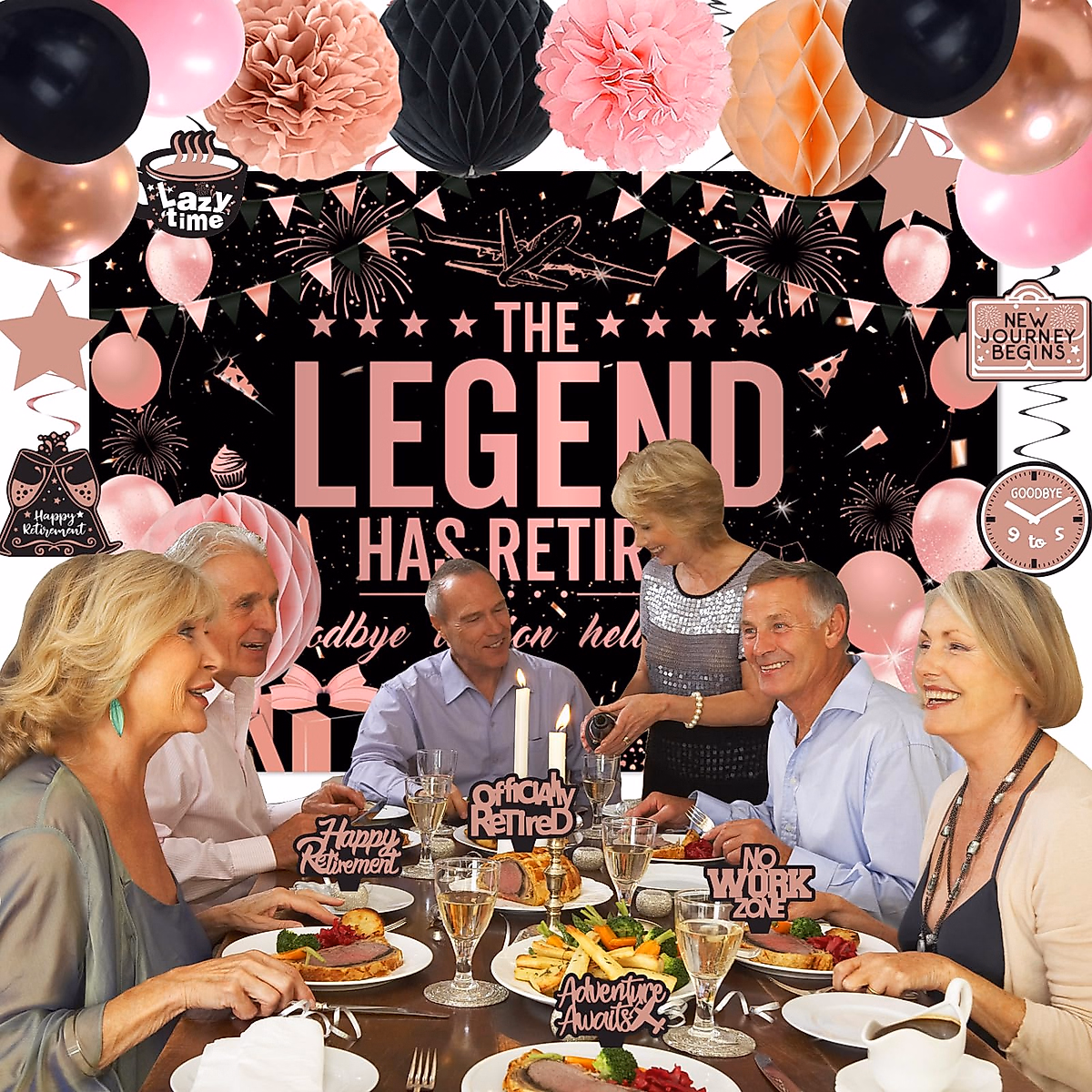 Retirement Party Decorations Women, Rose Gold Black Happy Retirement Decorations Female, Happy Retirement Banner, Retired Backdrop, Balloons, Pompom, Hanging Swirl, Retirement Card, Cake Topper 54pcs