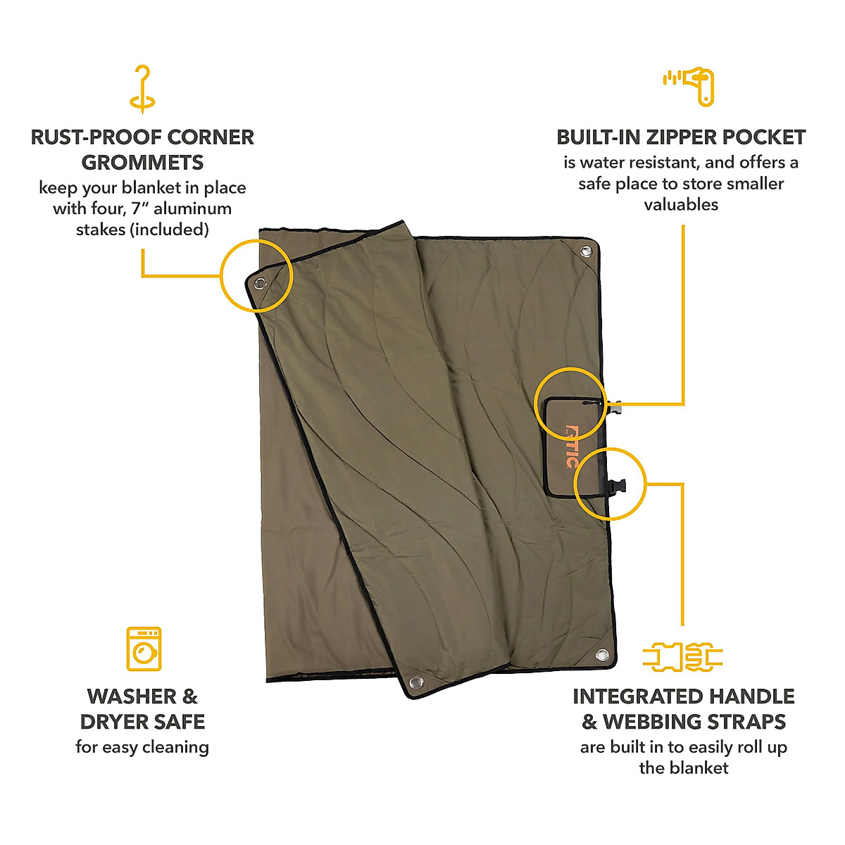 RTIC Anywhere Blanket, Waterproof Portable, Quilted Outdoor Mat for Picnic, Beach, Camping, Grass, Park, Play-Time, Pets, Stain Resistant Machine Washable, Includes 4 Stakes, 54.5" x 78.5", Olive