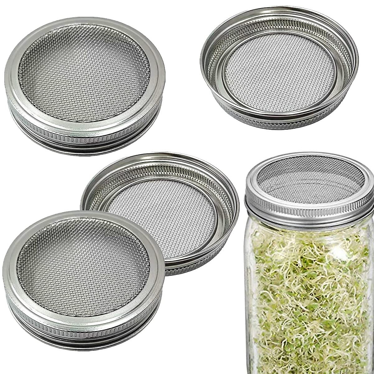 One-Piece 316 Stainless Steel Mesh Sprouting Lids Wide Mouth Mason Jar Strainer Lid for Mason Canning Jars Seed Sprouting Salad Sprouts Strainer Mesh Lids 4 Pack - Rust Proof