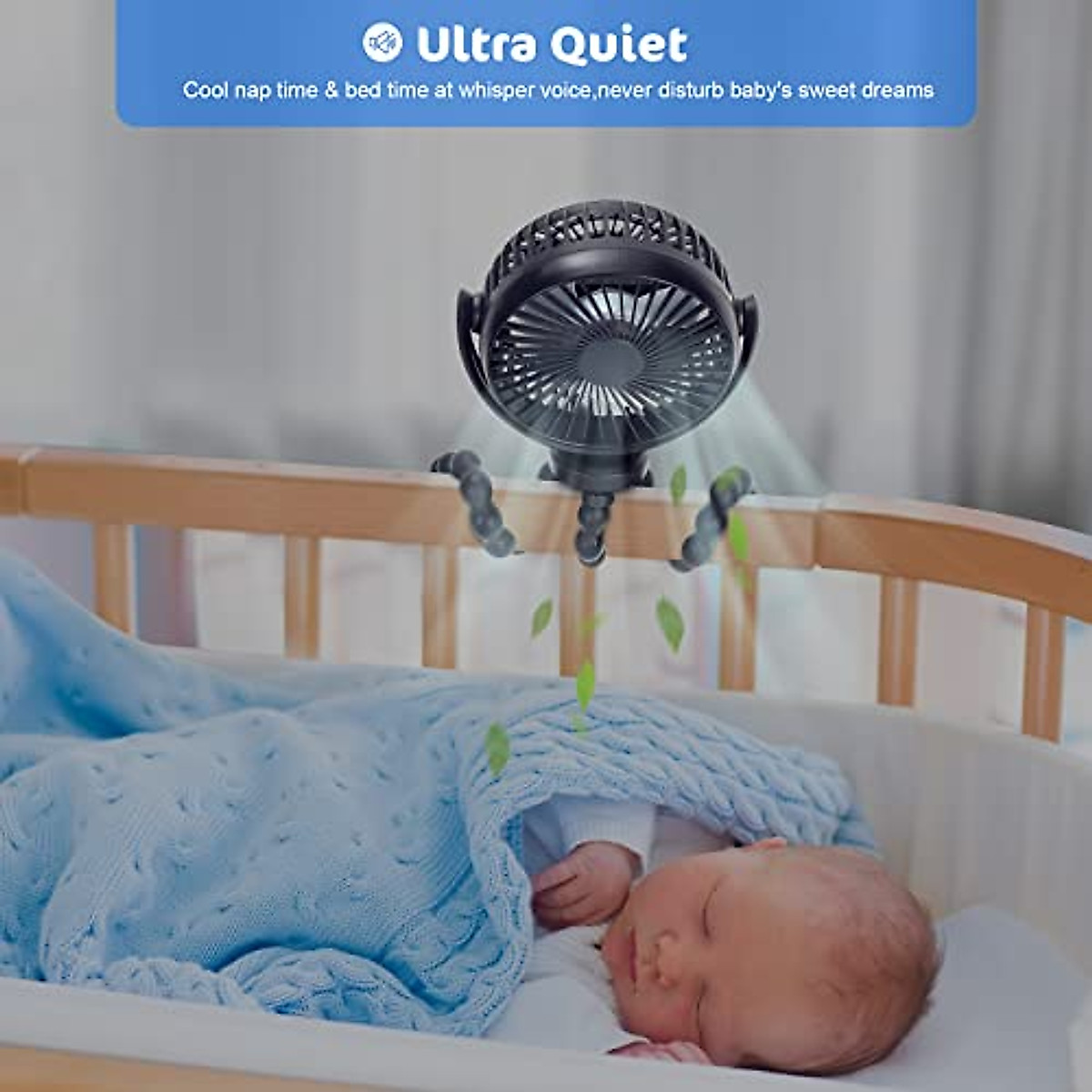 Stroller Fan, Portable Fan 40H Battery Operated Small Clip on Fan 360° Rotate Flexible Tripod 5200mAh Baby Fan Handheld USB Desk Cooling Fan for Bedroom Car Seat Crib Treadmill Travel Camping