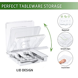 CDWMJ Silverware Organizer for Drawer & Countertop with Lid, Plastic Flatware Cutlery Tray with 5 Compartments, Dustproof Portable Kitchen Utensil Holder