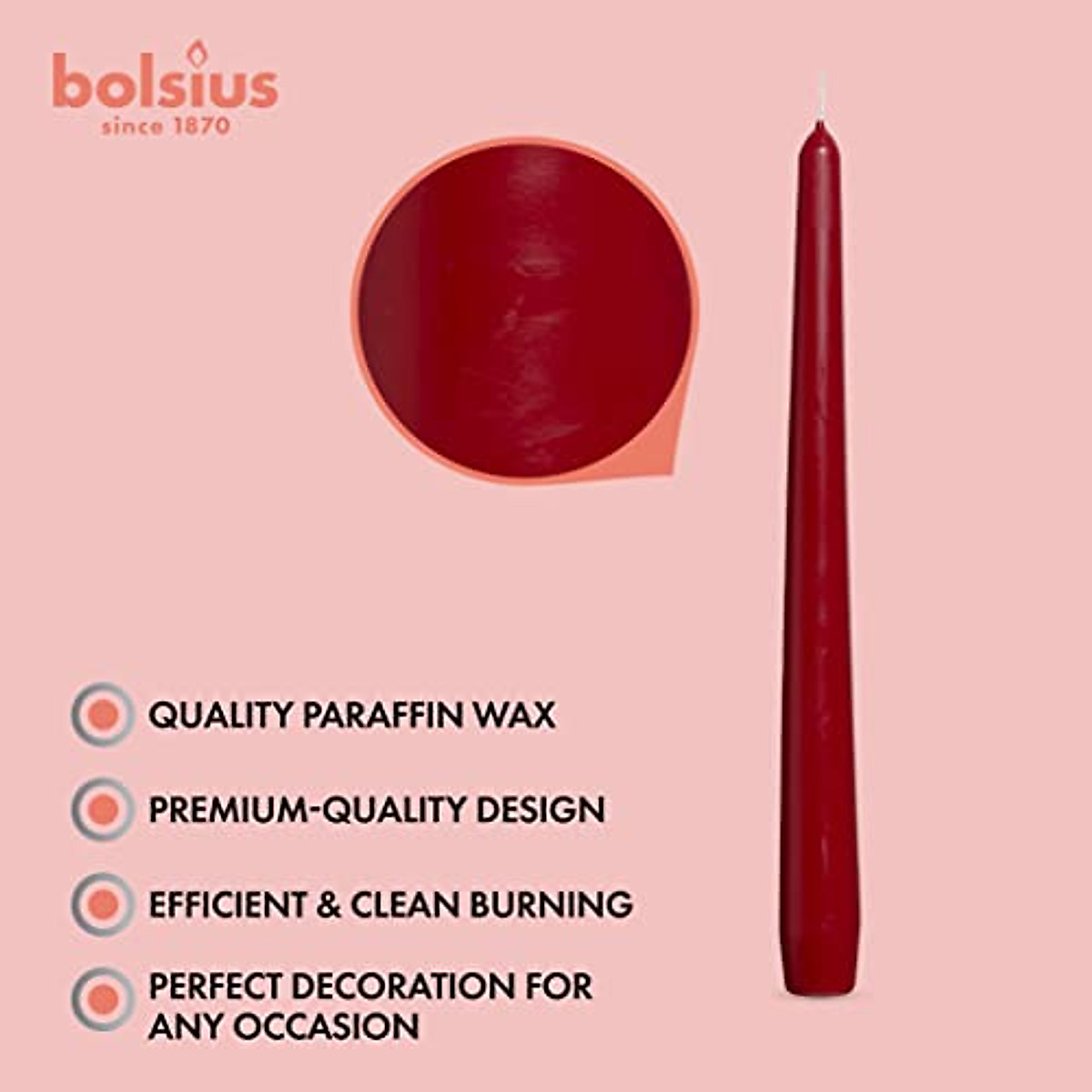 BOLSIUS Dark Red Taper Candles - 10 Inch - 8 Hours Burn Time - 10 Pack Dinner Candle Set - Premium European Quality - Consistent Smokeless Flame - Unscented Dripless Household Candlesticks