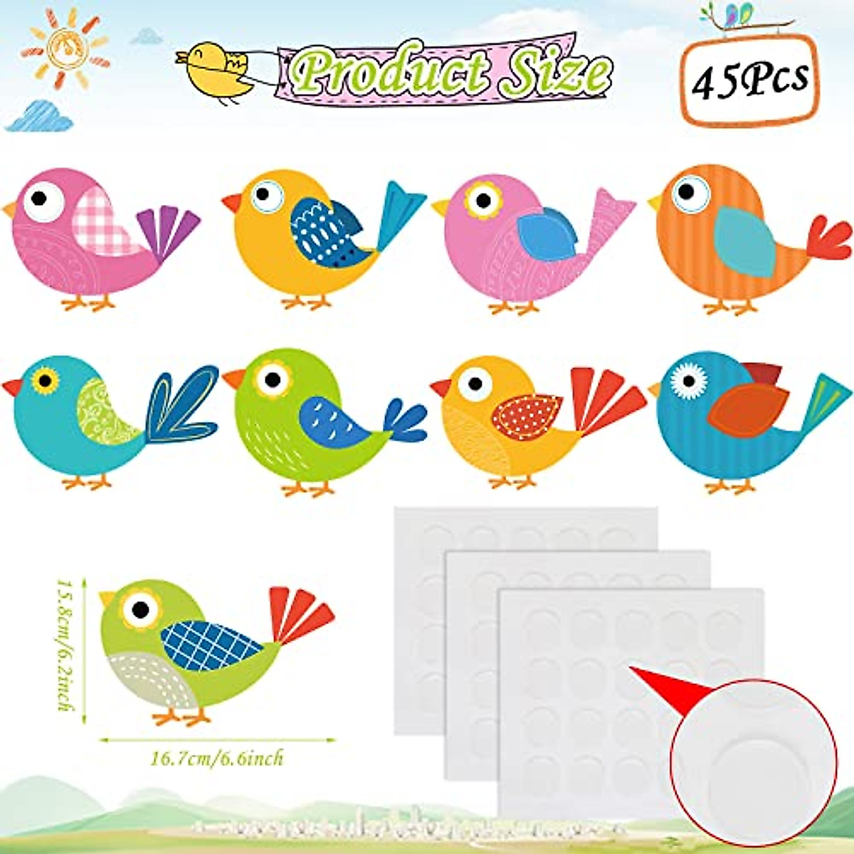 Colorful 45-Piece Boho Birds Cutouts for Decor