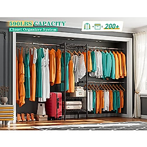 Raybee Closet Organizers and Storage System, 590Lbs Capacity Closet Systems for Walk in Closets with 3 Expandable Hanger Rods, Wall Mounted, 24"-118"L x 16"W x 71"H, Black