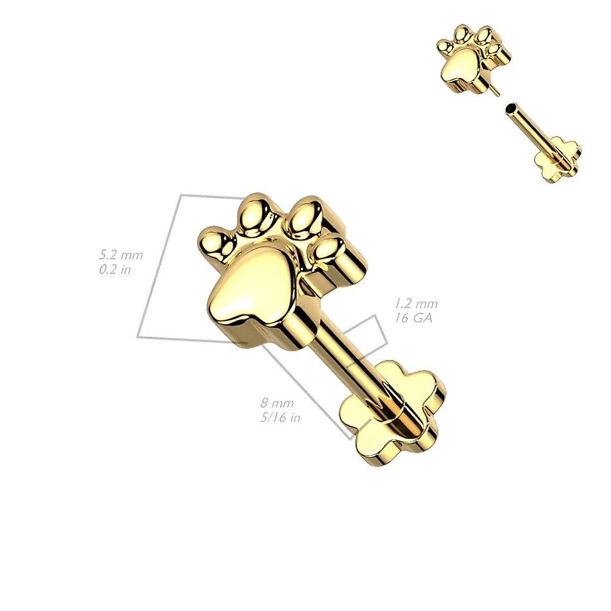 Pierced Owl 16GA G23 Implant Grade Titanium Paw Print Top Threadless Push-in Flower Flat Back Stud (Rose Gold Tone)