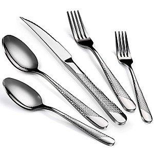 Hammered Silverware Set, 40-Piece Stainless Steel Flatware Set for 8, Modern Kitchen Utensils Tableware Set Includes Dinner Knives/Forks/Spoons,Mirror Polished Dishwasher Safe